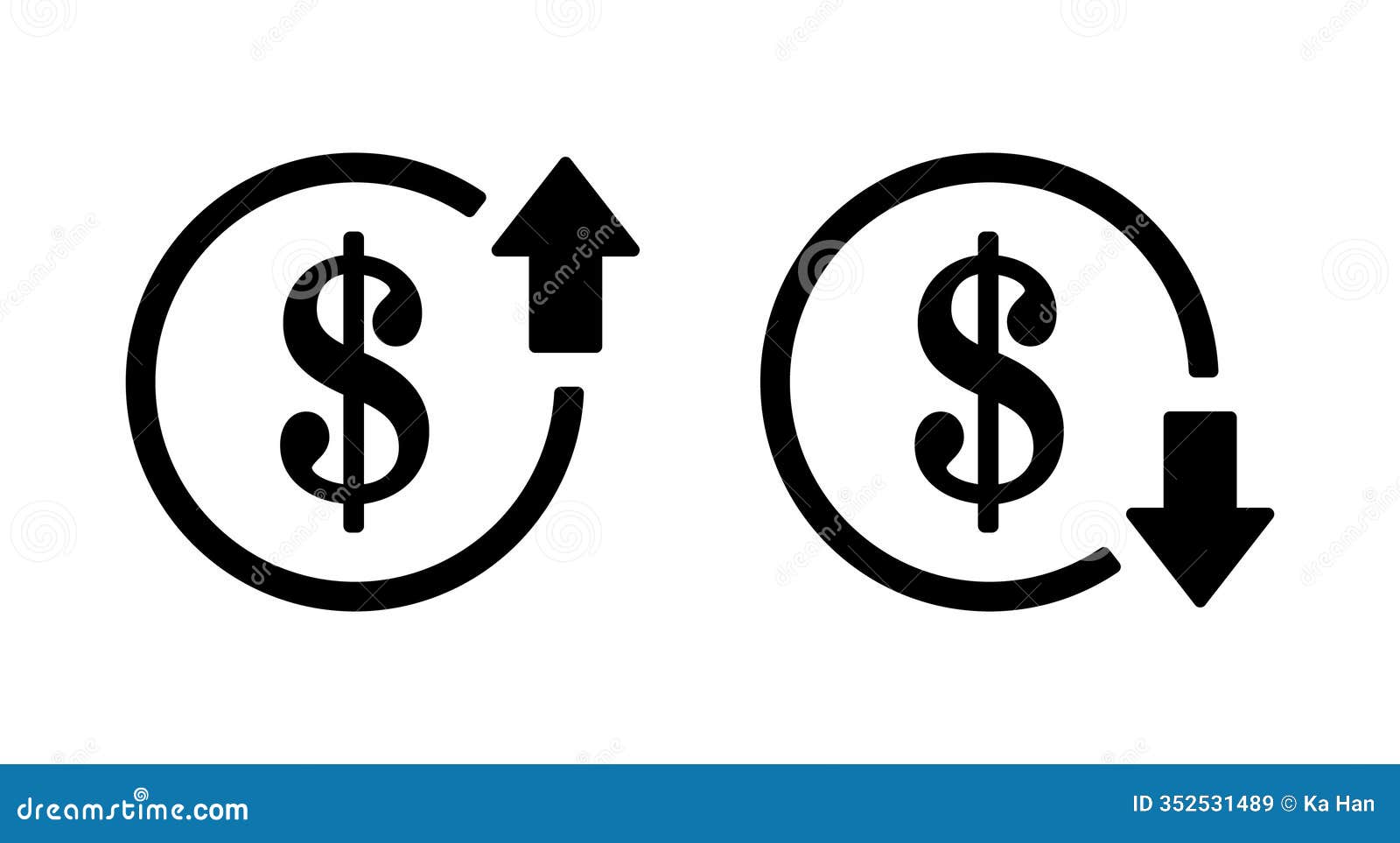 Increase and Decrease Dollar Price Icon Isolated on White Background. Rise and Fall Currency ...