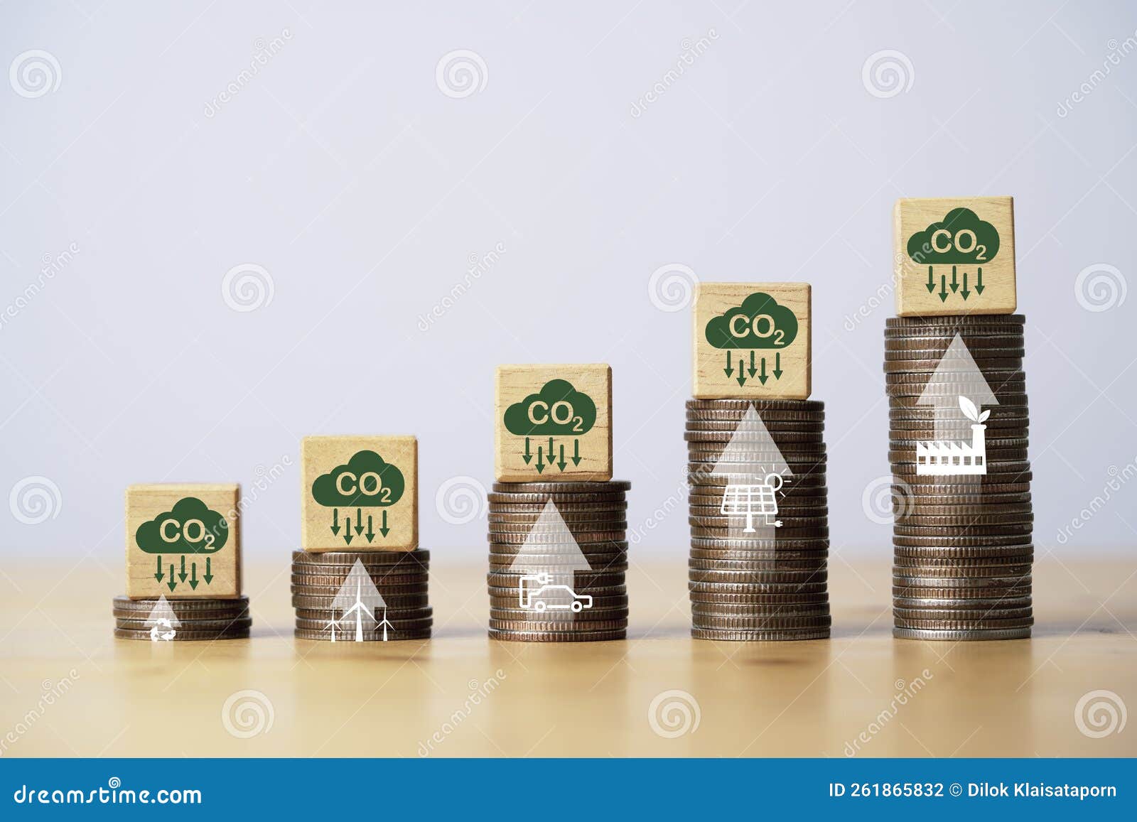 Increasing Coins Stacking with Up Arrow and CO2 Reducing Icon for ...