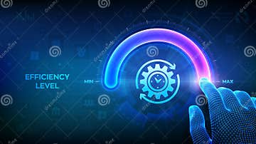 Increasing Efficiency Level. Wireframe Hand is Pulling Up To the Maximum Position Circle ...