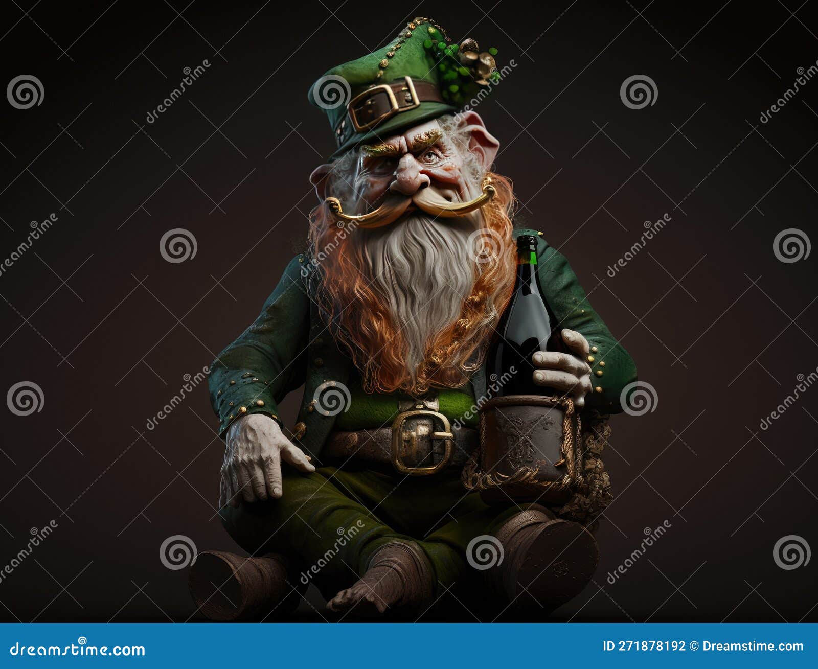 3D Render of a Big Smile Leprechaun Man Holding a Wine Bottle, Gold ...