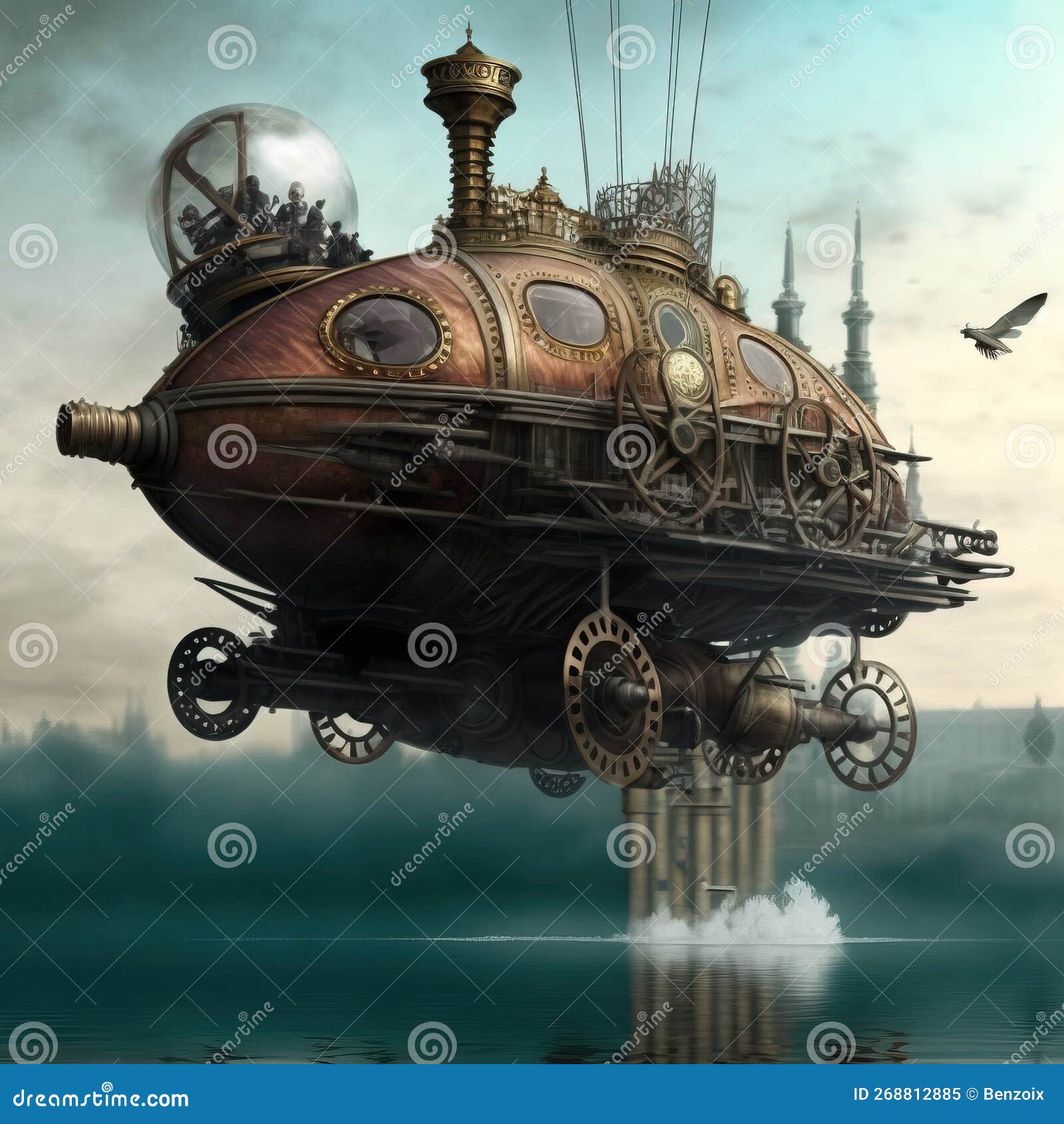 Incredible Major Steampunk Balloon Floating Above Water Surface ...