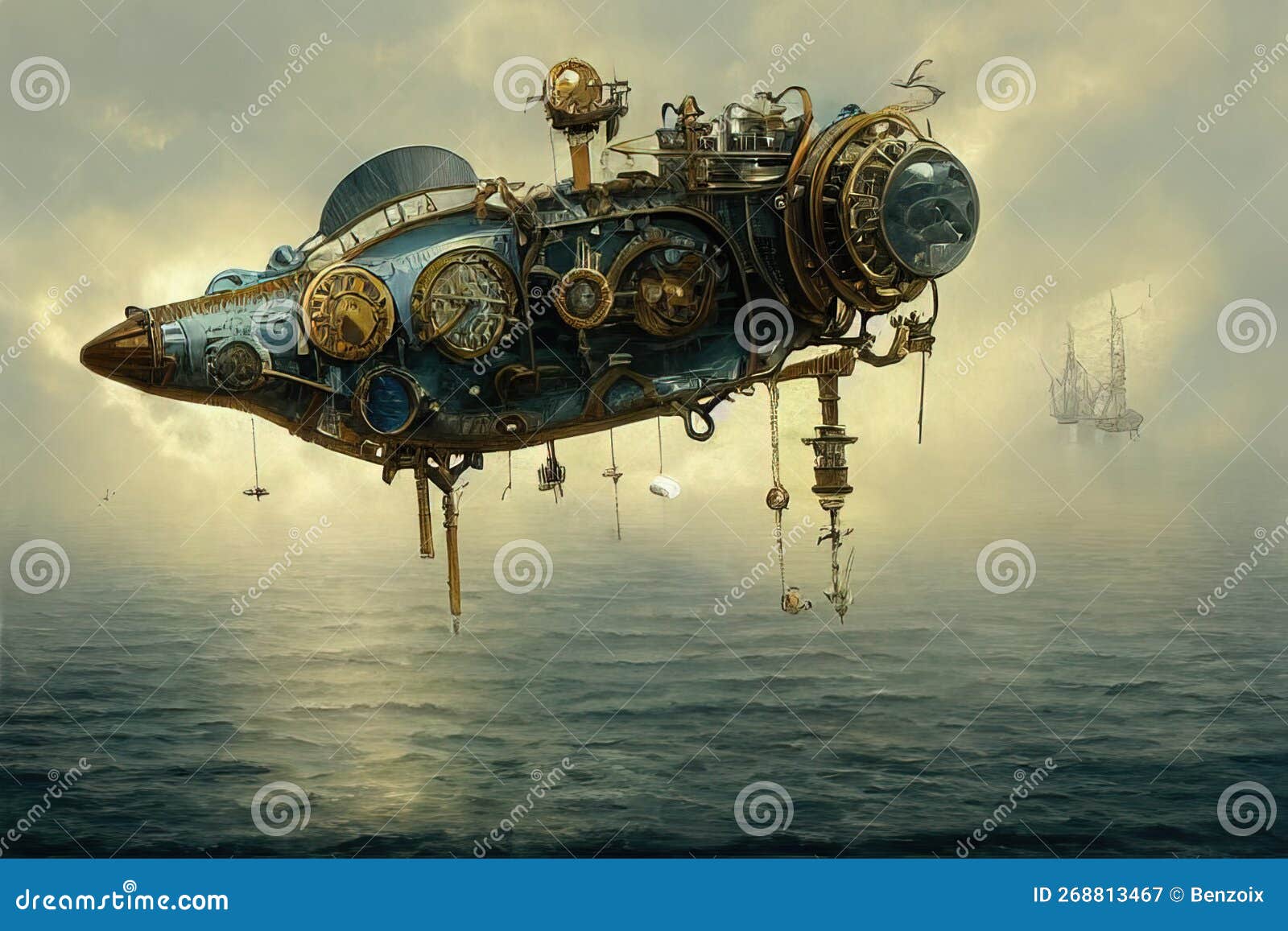 Incredible Major Steampunk Balloon Floating Above Water Surface ...