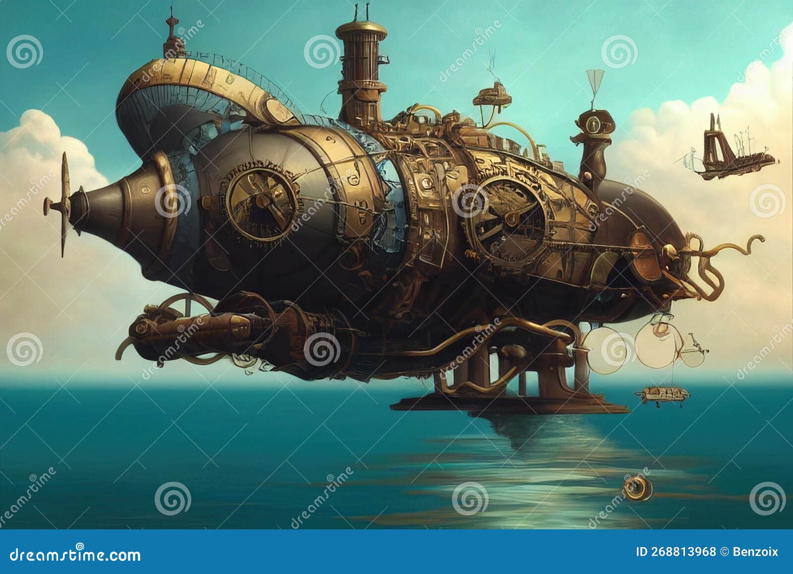Incredible Major Steampunk Balloon Floating Above Water Surface ...