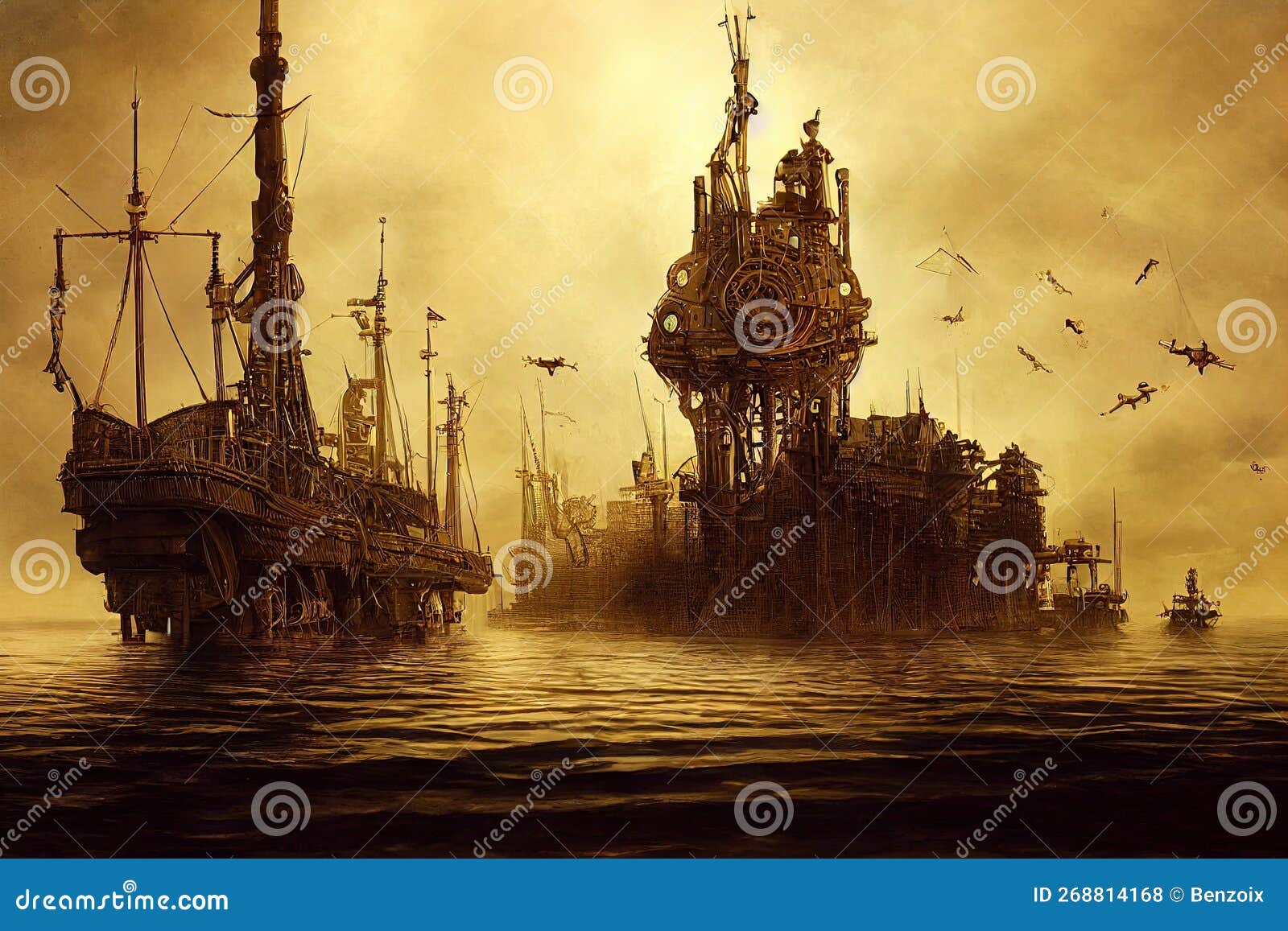 Incredible Major Steampunk Balloon Floating Above Water Surface ...