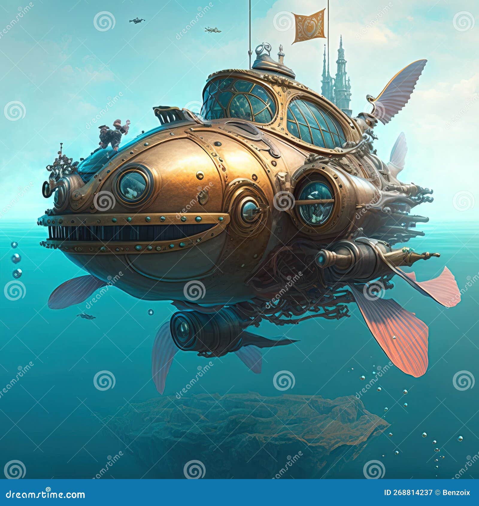 Incredible Major Steampunk Balloon Floating Above Water Surface ...