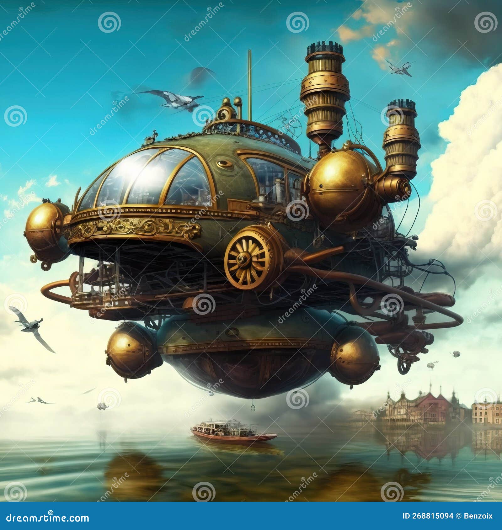 Incredible Major Steampunk Balloon Floating Above Water Surface ...