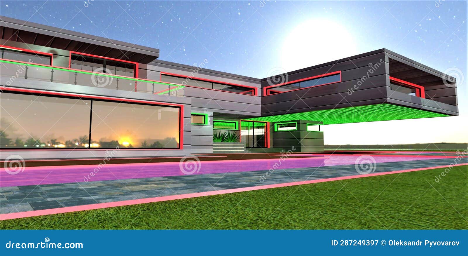 Incredibly Bright Moon Over a Modern High-tech Estate with Multi ...