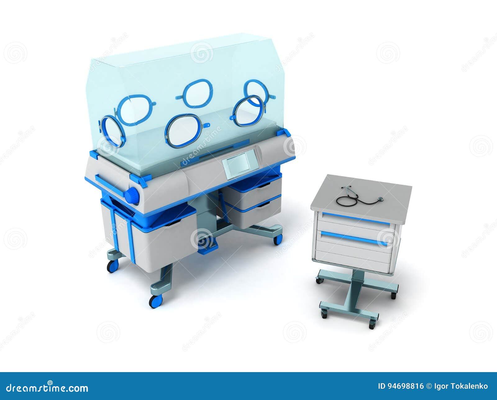Incubator for Children Blue 3d Rendering on White Background Stock ...
