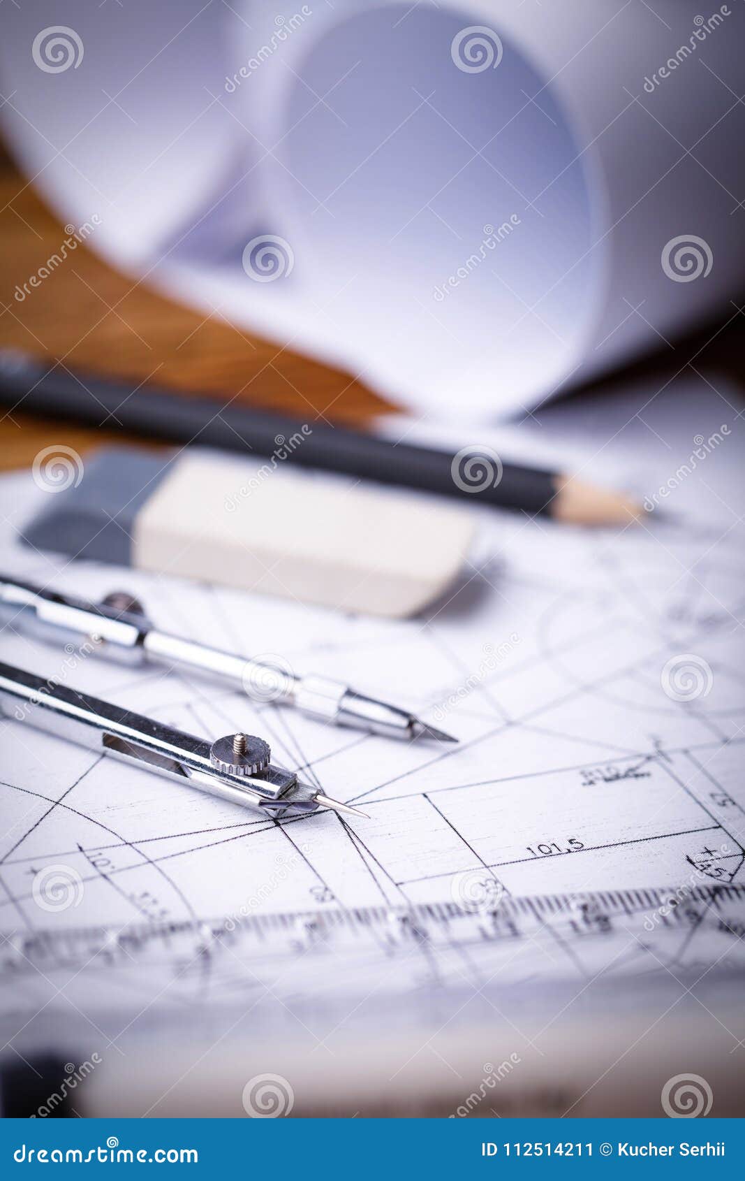 Indastrial Drawing Detail and Several Drawing Tools Stock Image - Image ...