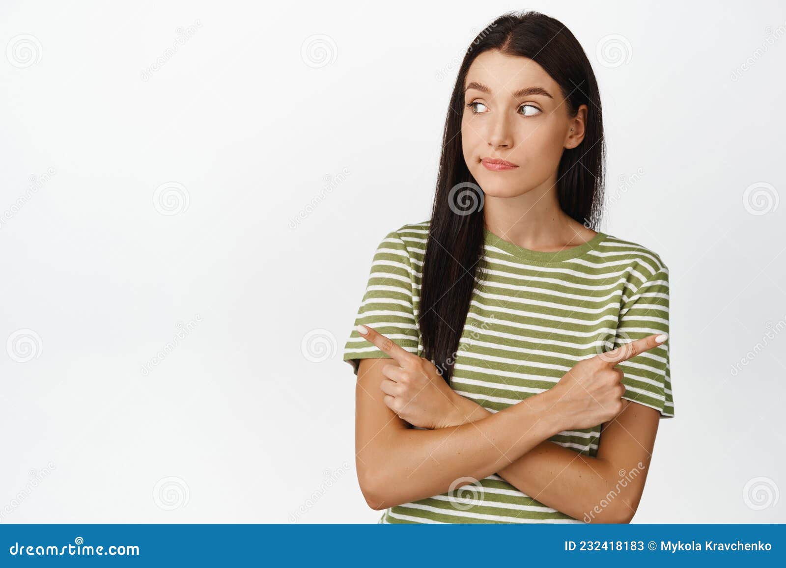 Indecisive Girl Customer Pointing Fingers Sideways and Looking Left ...