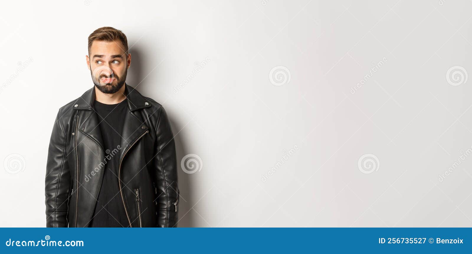 Indecisive Gloomy Man in Black Leather Jacket, Looking Left and Feeling ...
