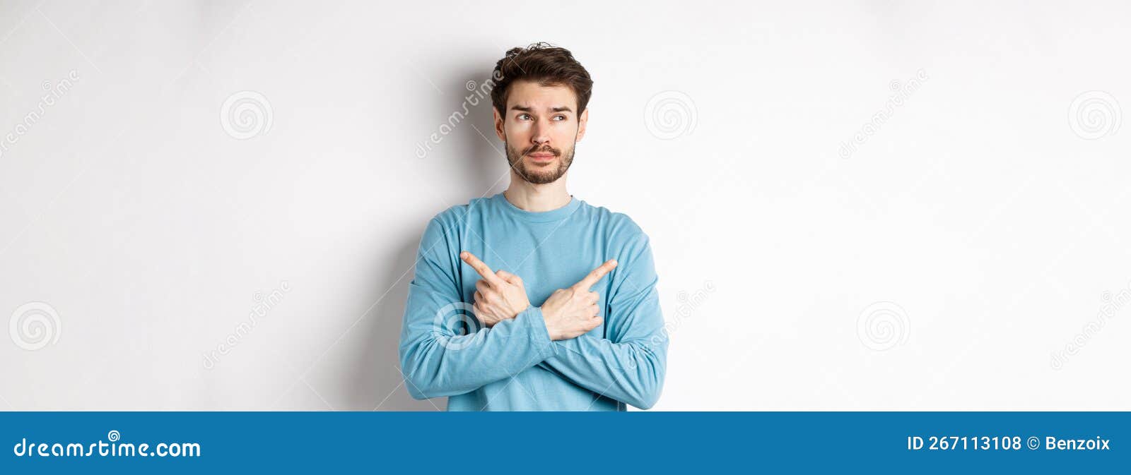 Indecisive Man Making Choice, Pointing Fingers Sideways at Two Variants ...