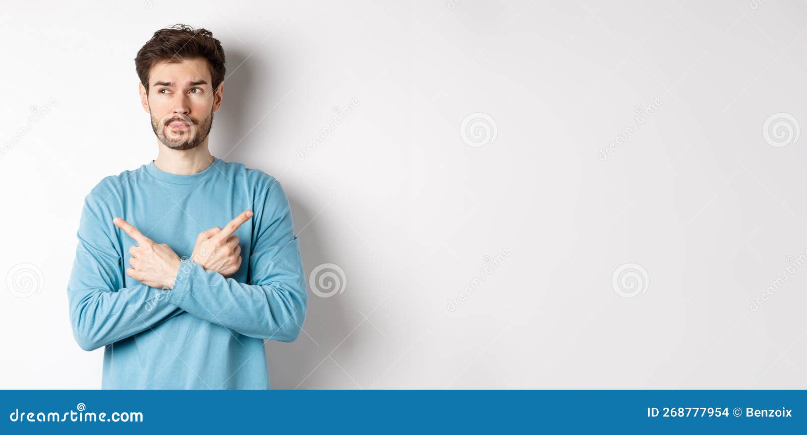 Indecisive Man Making Choice, Pointing Fingers Sideways at Two Variants ...