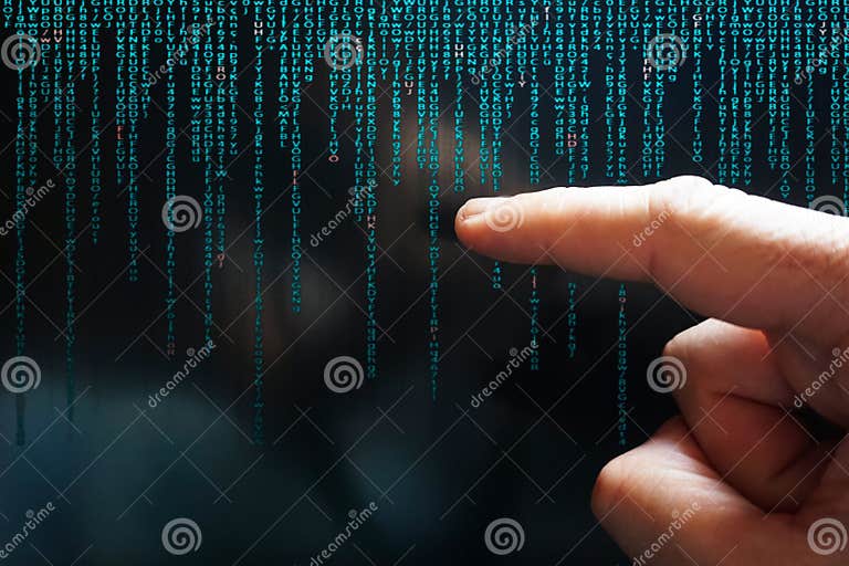 Index Finger Pointing at Digital Screen, Binary Code Stock Photo ...
