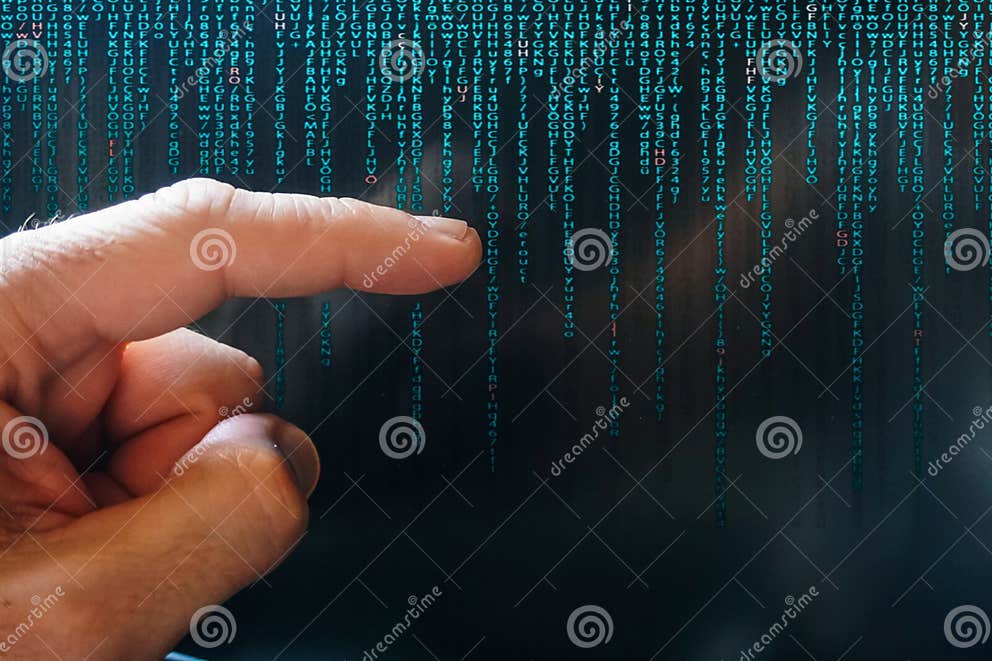 Index Finger Pointing At Digital Screen Binary Code Stock Image Image Of Code Coding 286855107