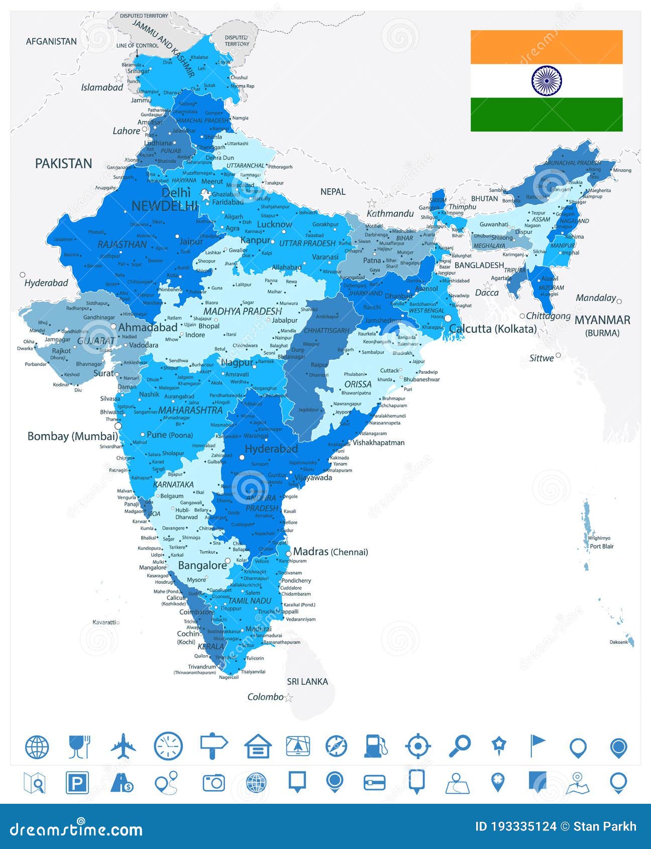 India Administrative Blue Map and Navigation Icons Stock Vector ...