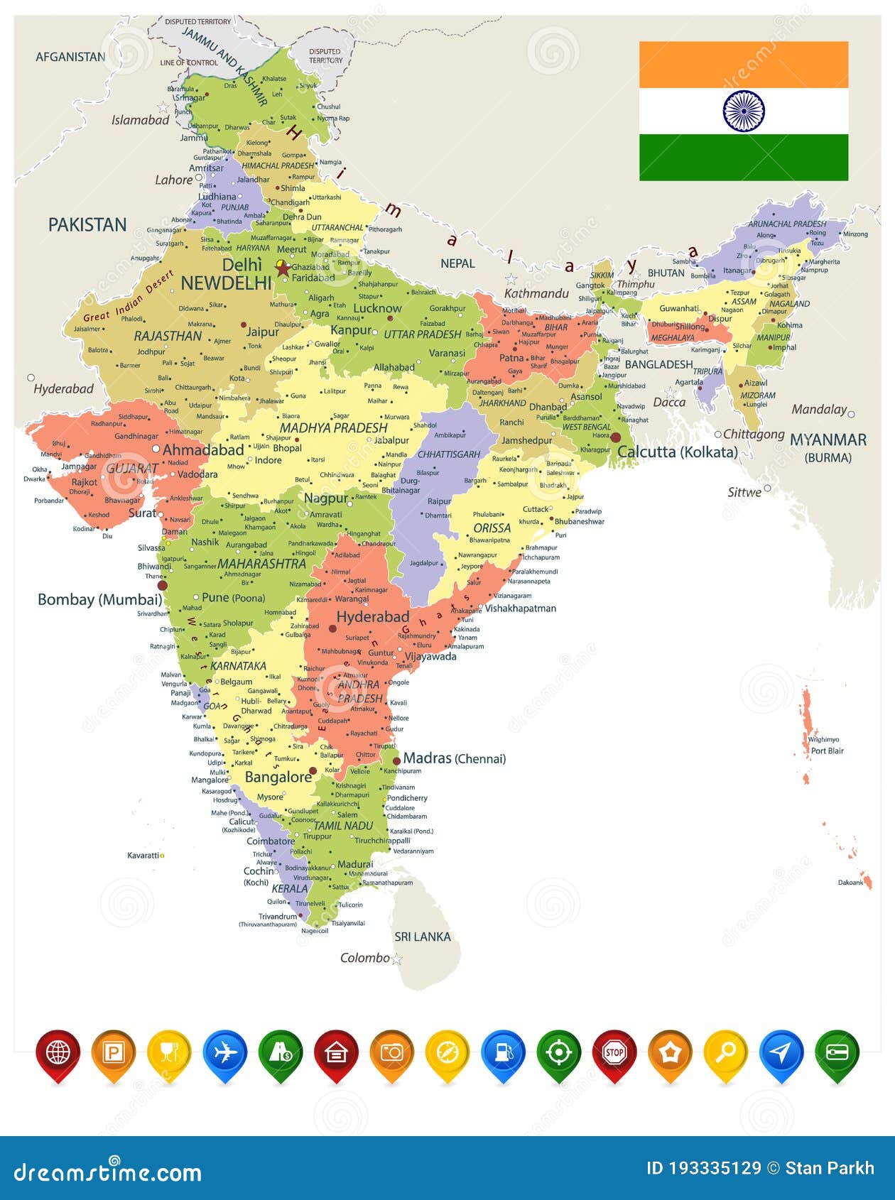 India Administrative Map and Colored Map Icons Stock Vector ...