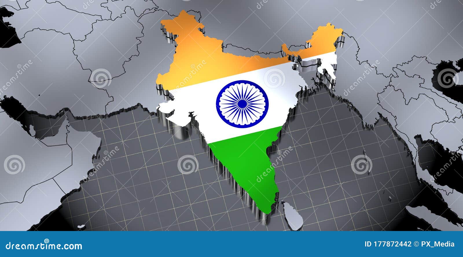 India Map In 3D. 3d Map With Borders Of Regions. Royalty-Free ...