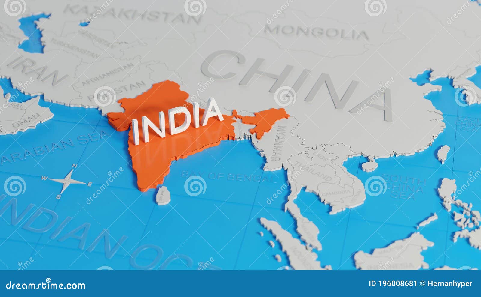 India Highlighted on a White Simplified 3D World Map. Digital 3D Render ...