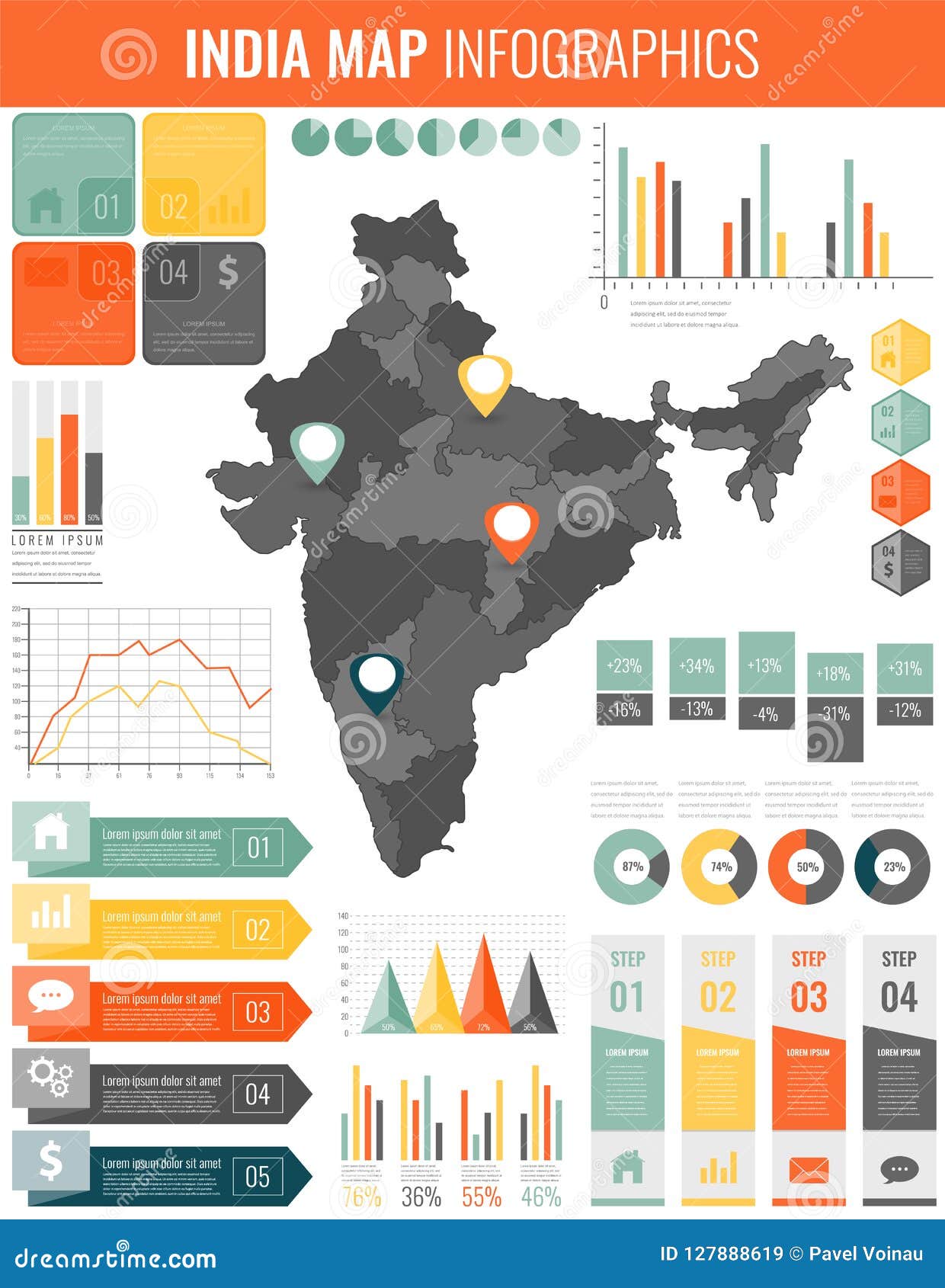 India Map with Infographic Elements. Infographics Layouts Stock Vector ...