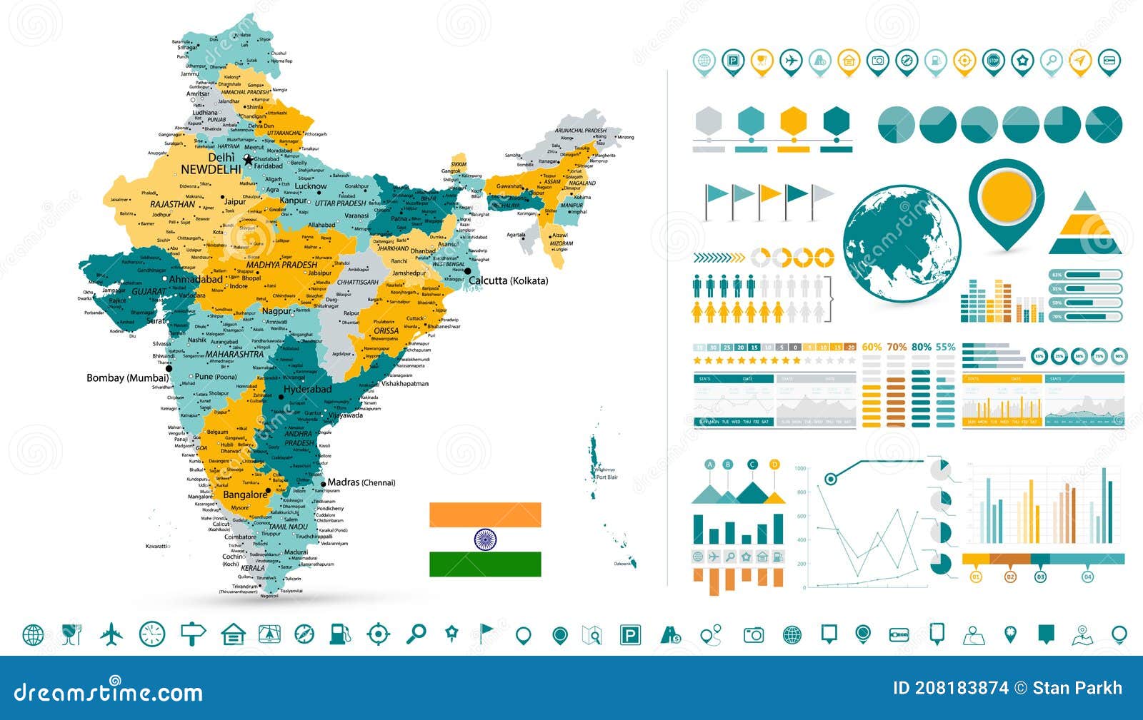 India Map and Infographics Elements Stock Vector - Illustration of ...