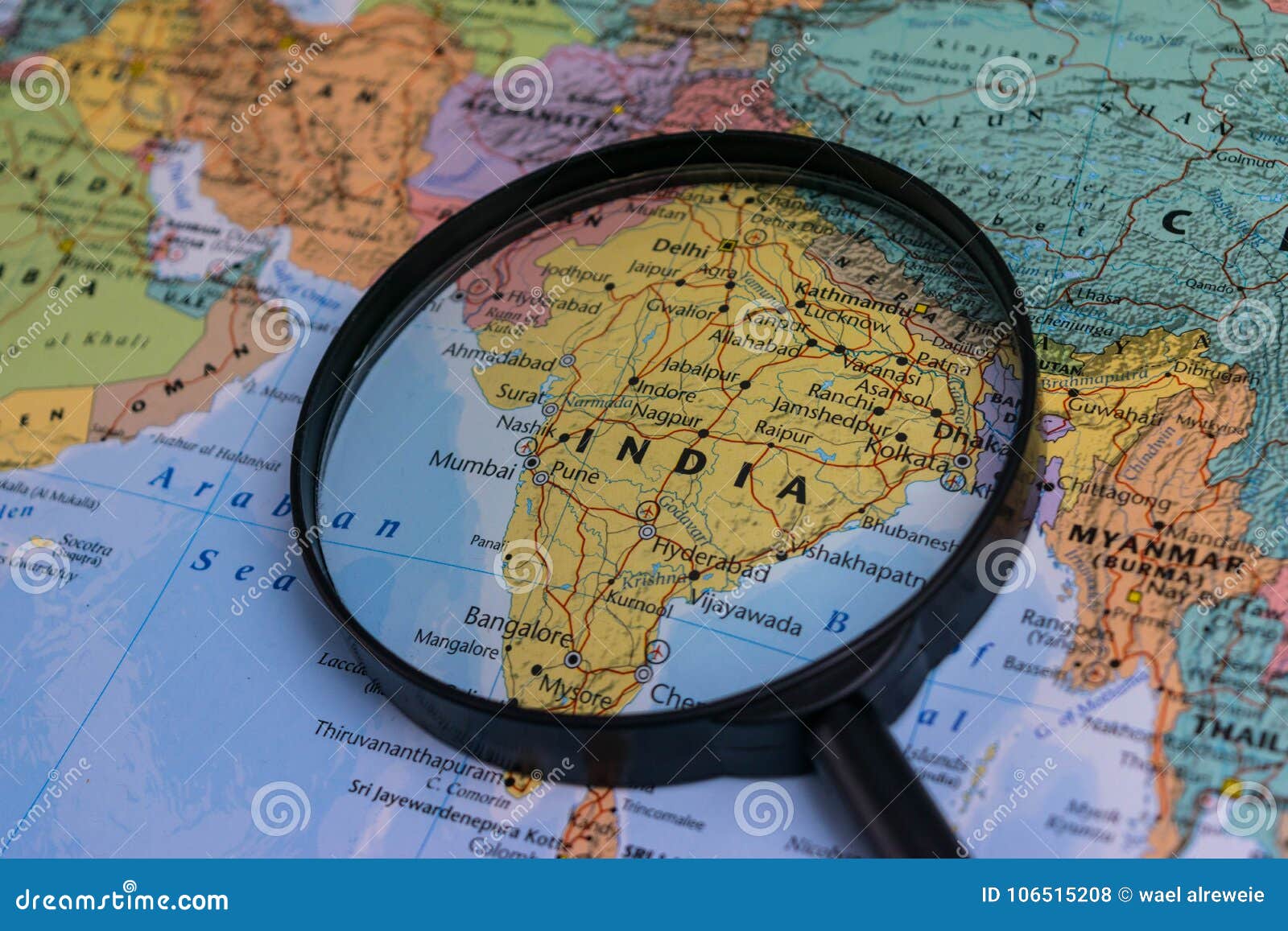 Map Of India Through Magnifying Glass On A World Map. Royalty-Free ...