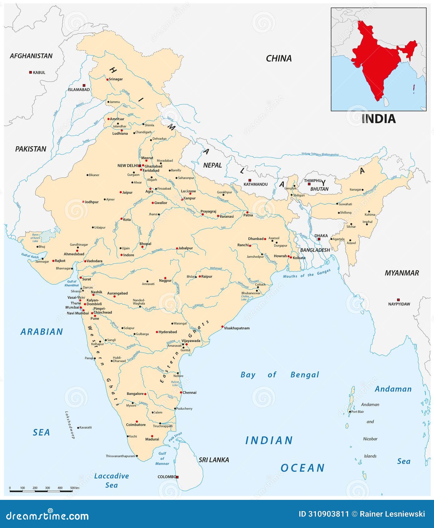 India Map with the Main Cities Stock Vector - Illustration of colored ...