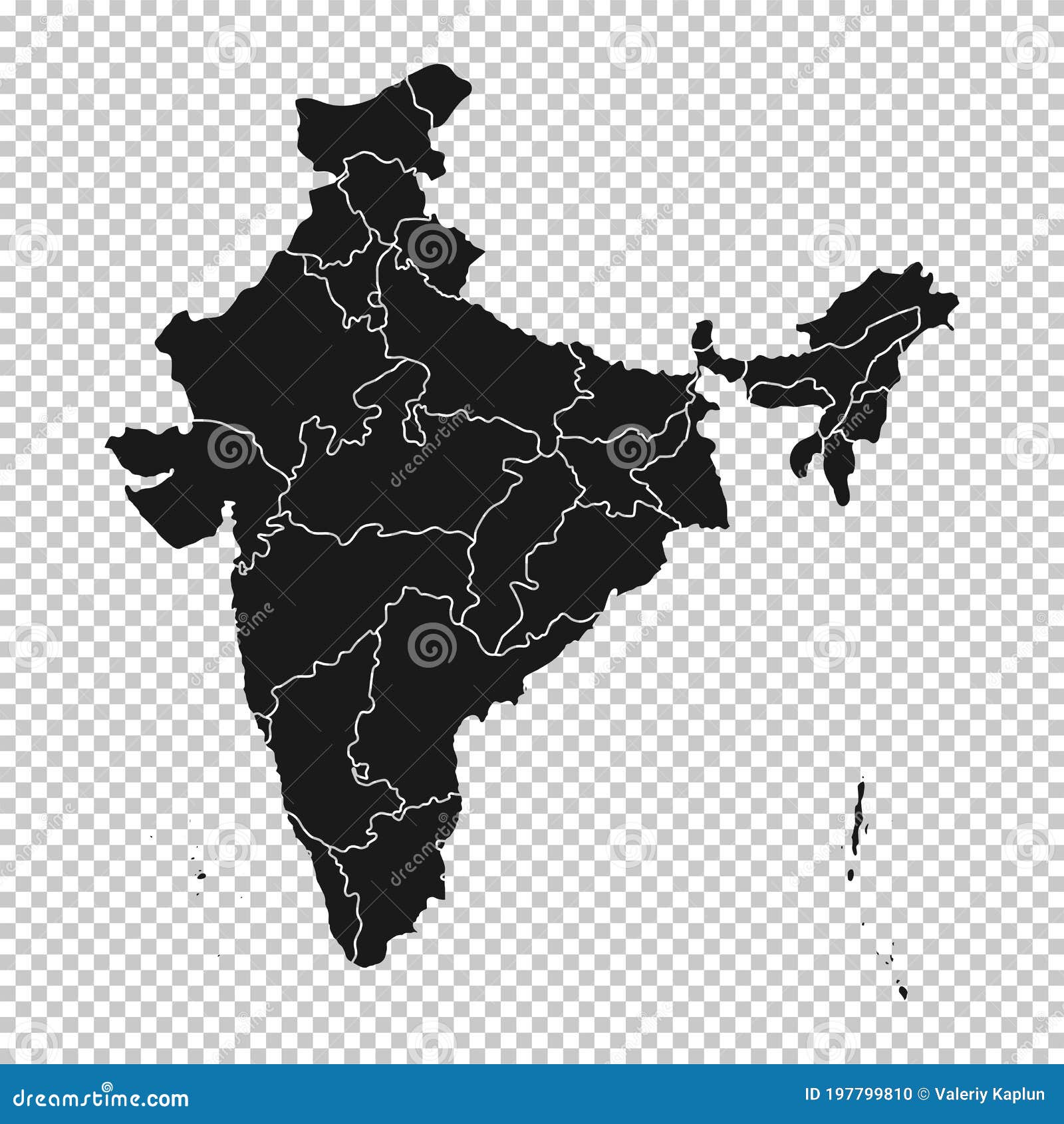 India Map - Vector Solid Contour and State Regions on Transparent ...