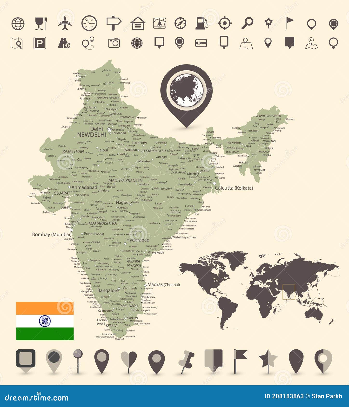 India Map and and World Map with Navigation Icons Stock Vector ...