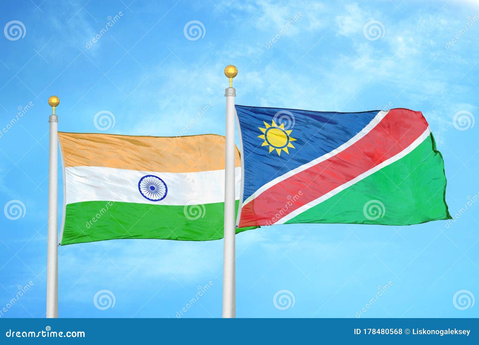 India and Namibia Two Flags on Flagpoles and Blue Cloudy Sky Stock ...