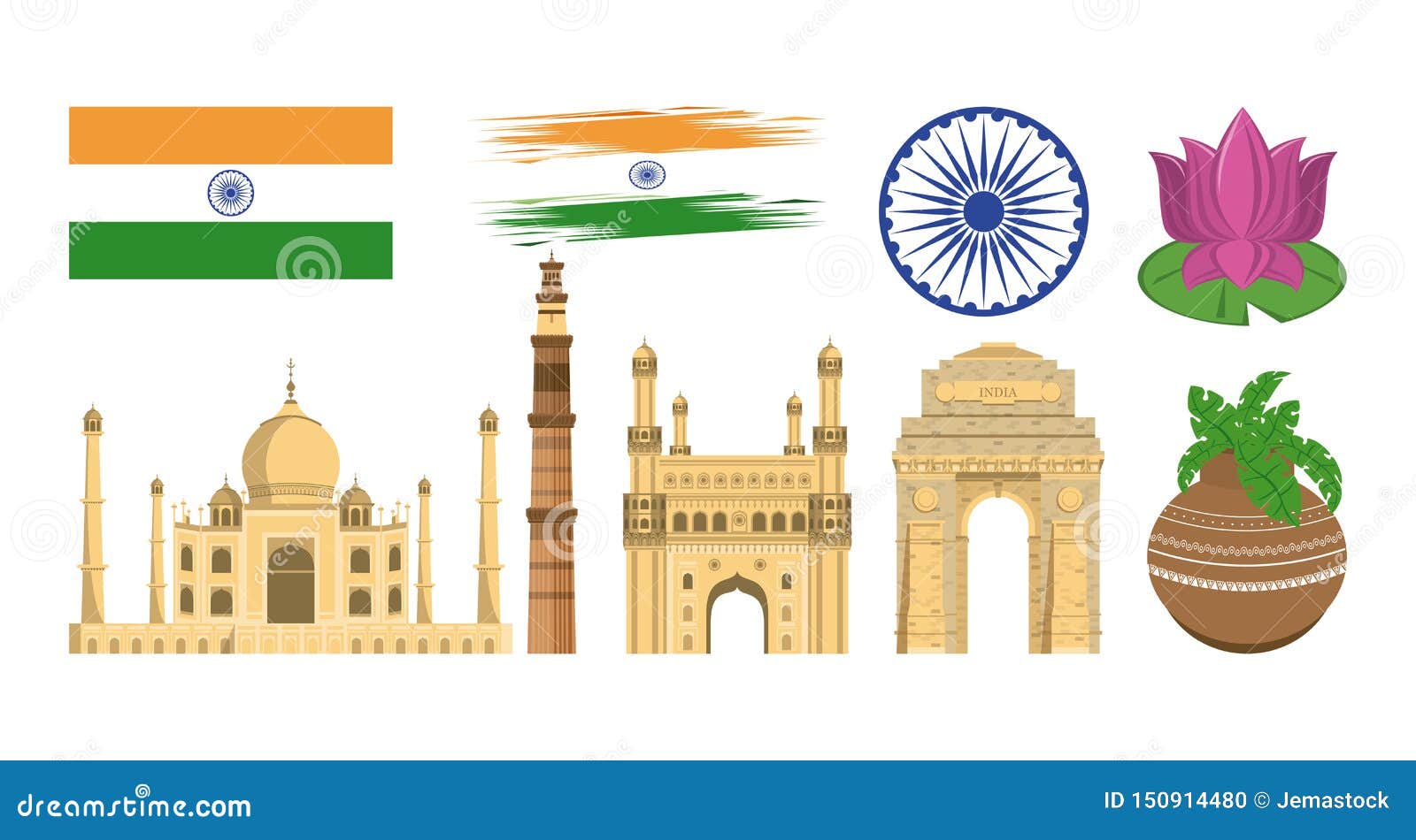 India Set of Monuments and Emblems Icons Stock Vector - Illustration of ...