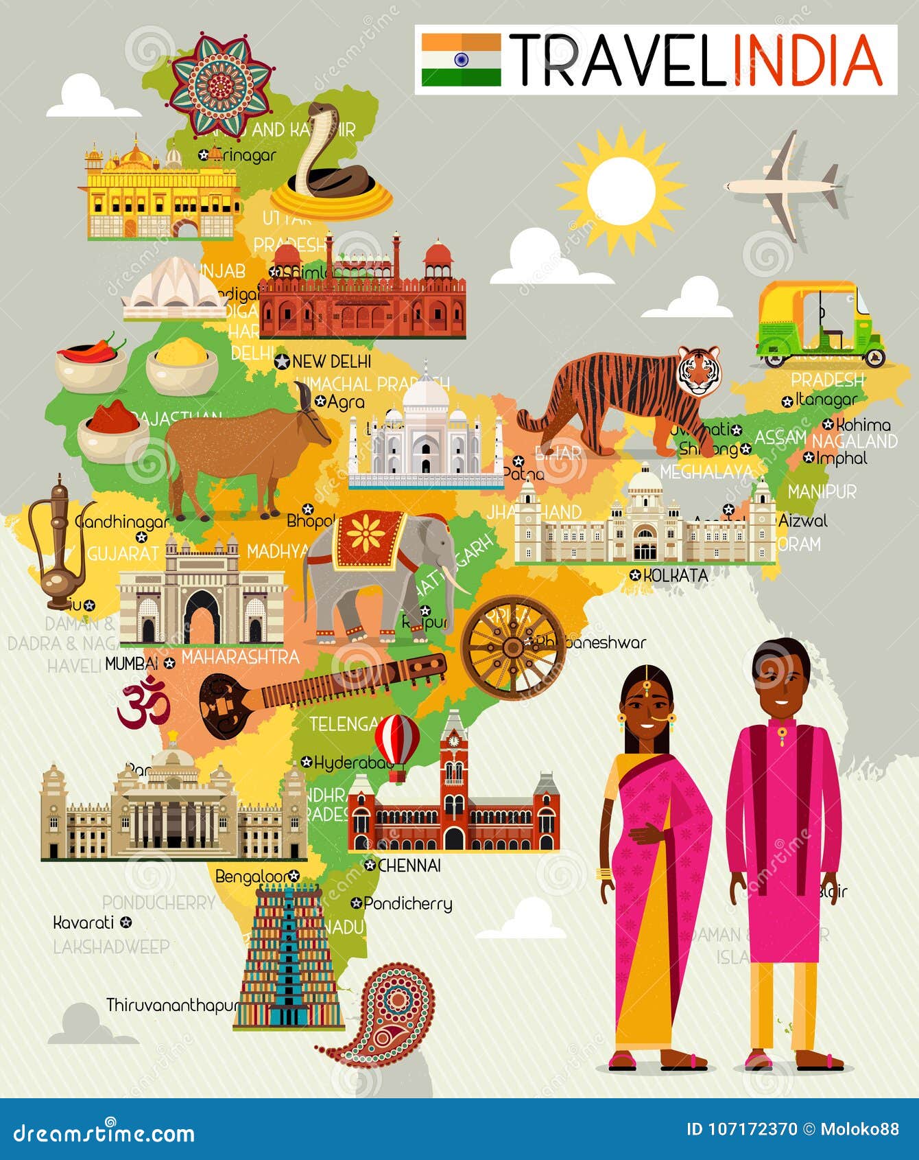 India Travel Map with Sightseeing Places. Stock Vector - Illustration ...