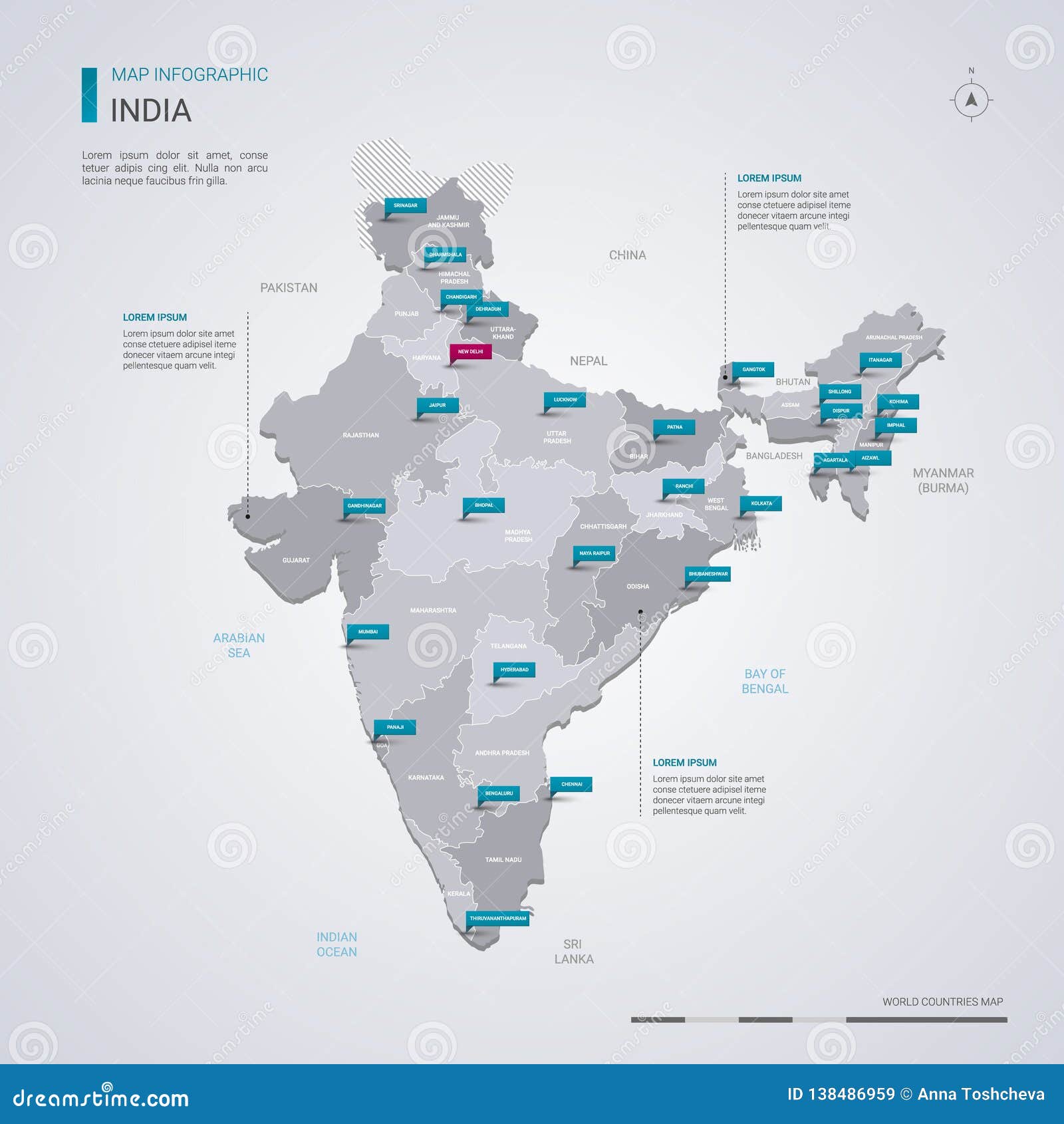 India Vector Map With Infographic Elements Pointer Marks Stock Vector