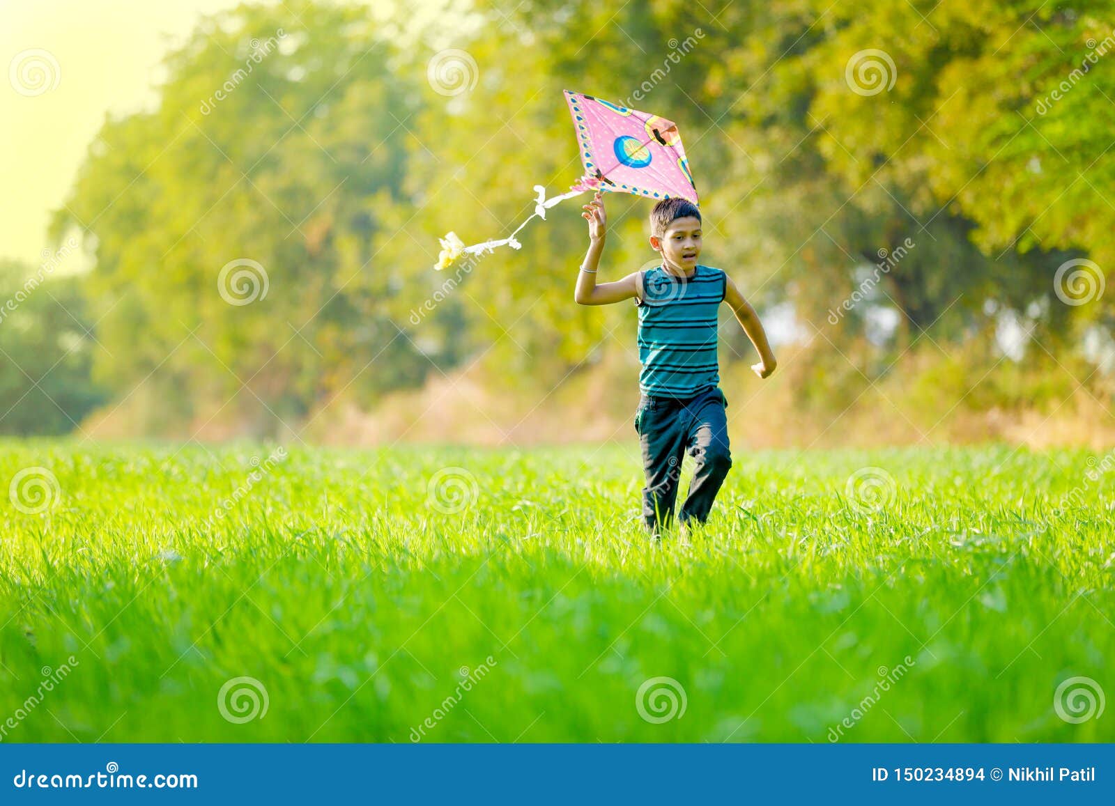 Indian Child Playing with Kite at Green Field Stock Photo - Image of ...