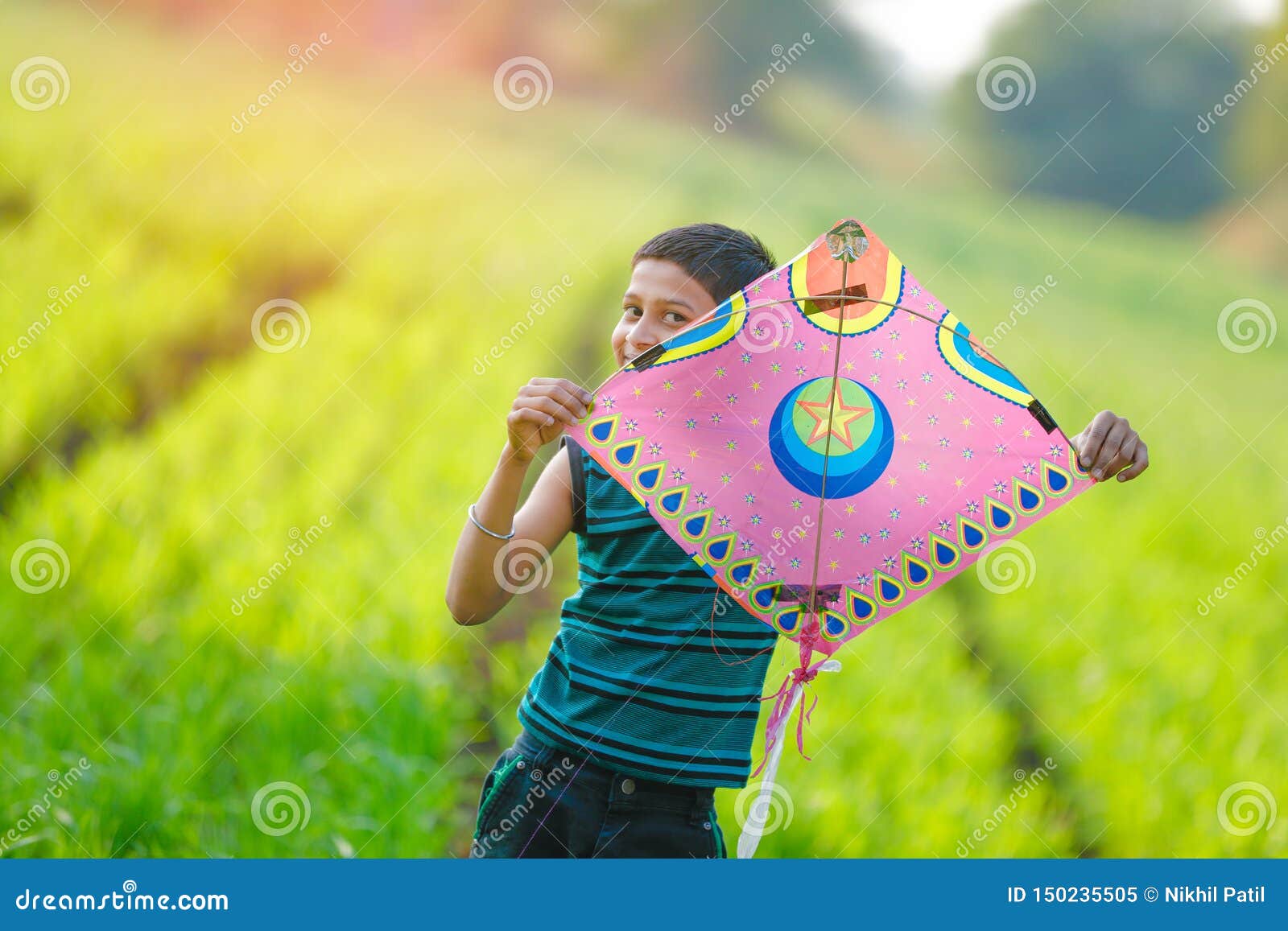 Indian Child Playing with Kite at Green Field Stock Image - Image of ...