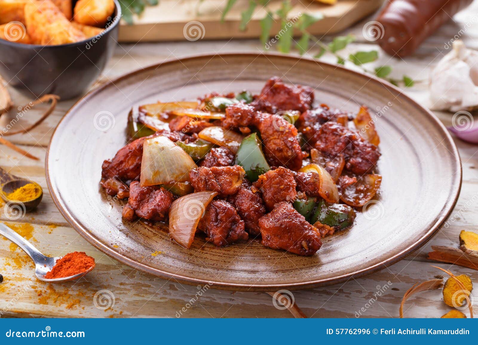 Indian Chili Chicken With Some Veggie Stock Photo - Image of cooked ...