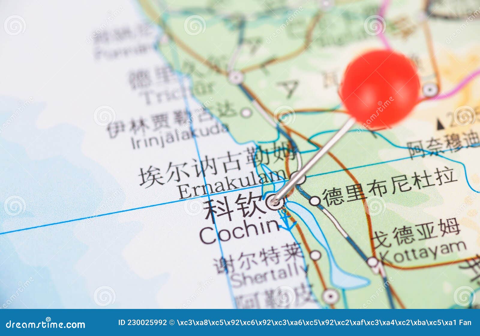 The Indian City of Cochin Marked by Tacks on the Map Editorial ...