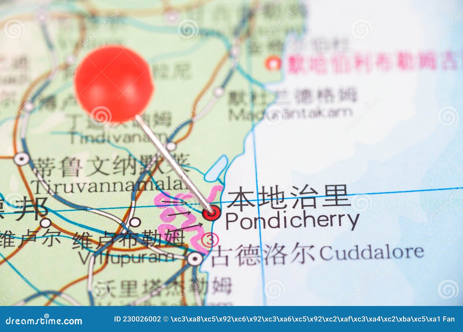 The Indian City of Pondicherry Marked by a Tack on the Map Editorial ...