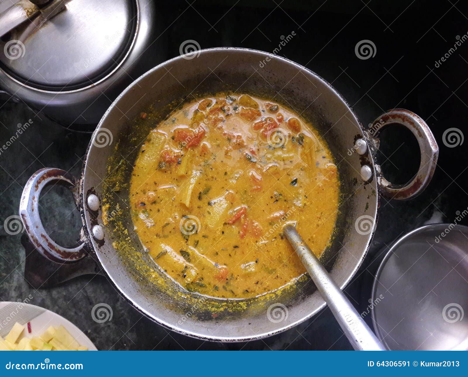 Indian Cooked Vegetarian Curry in Kitchen Utensils Stock Image - Image ...