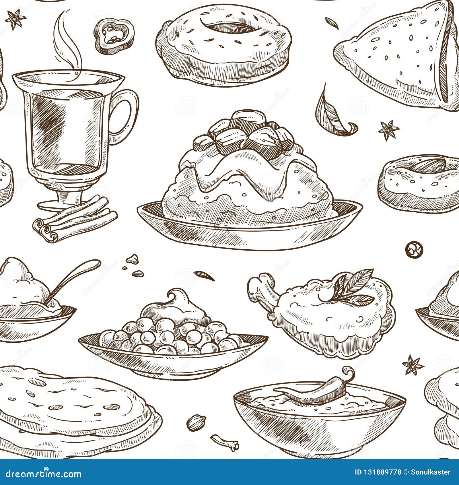 Indian Cuisine Sketch Pattern Background. Vector Seamless Design Stock ...