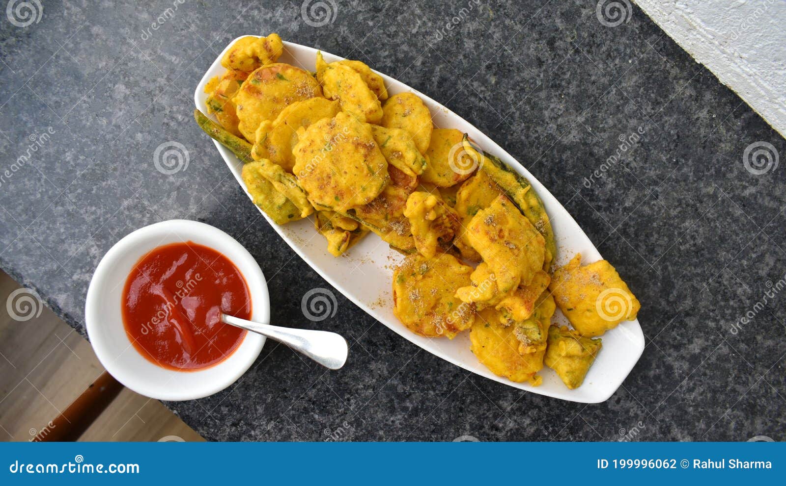 Indian Deep Fried Snacks with Tomato Souce Stock Photo - Image of ...