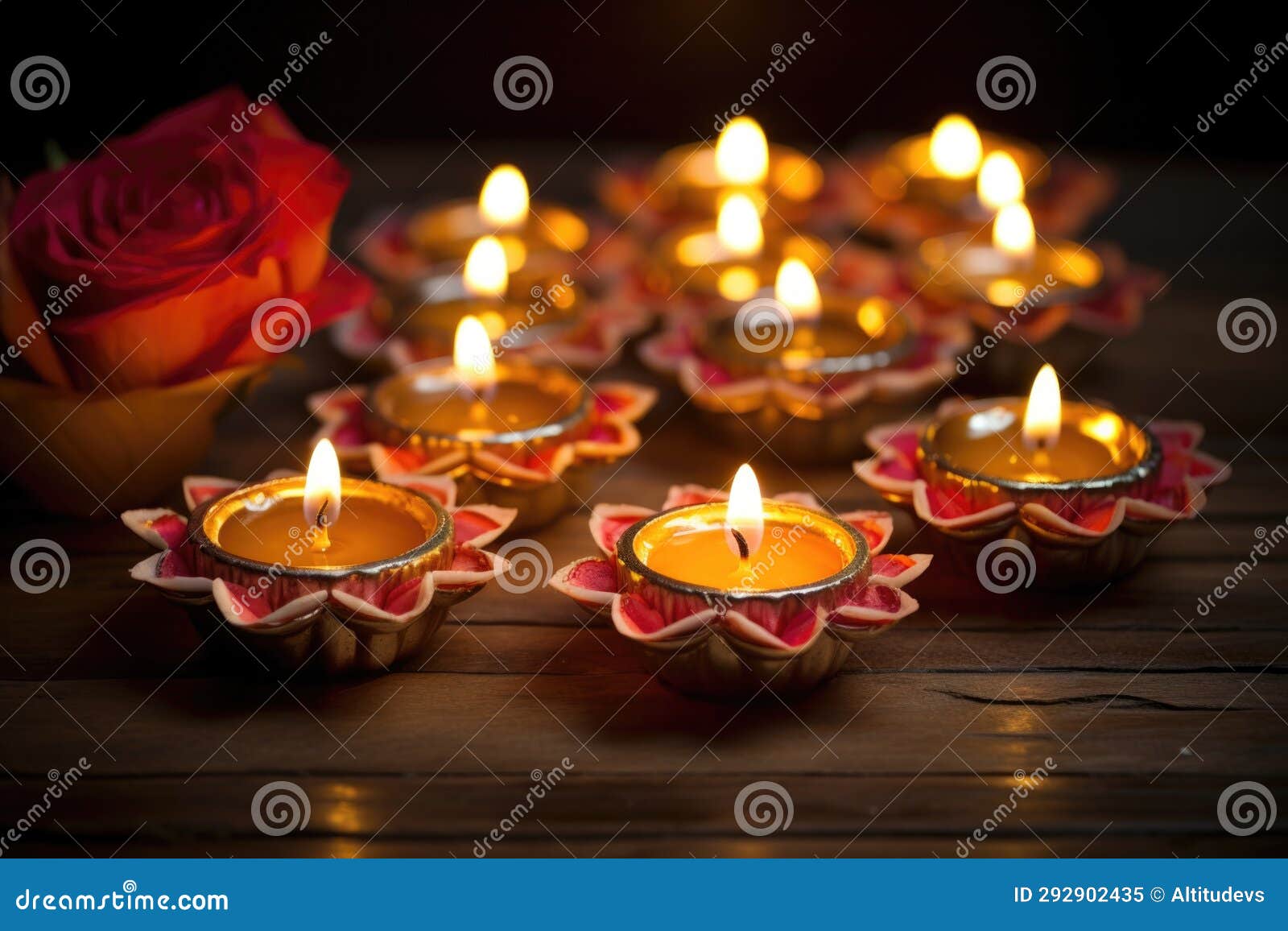 Indian Diyas Lit on a Wooden Table Stock Image - Image of generative ...