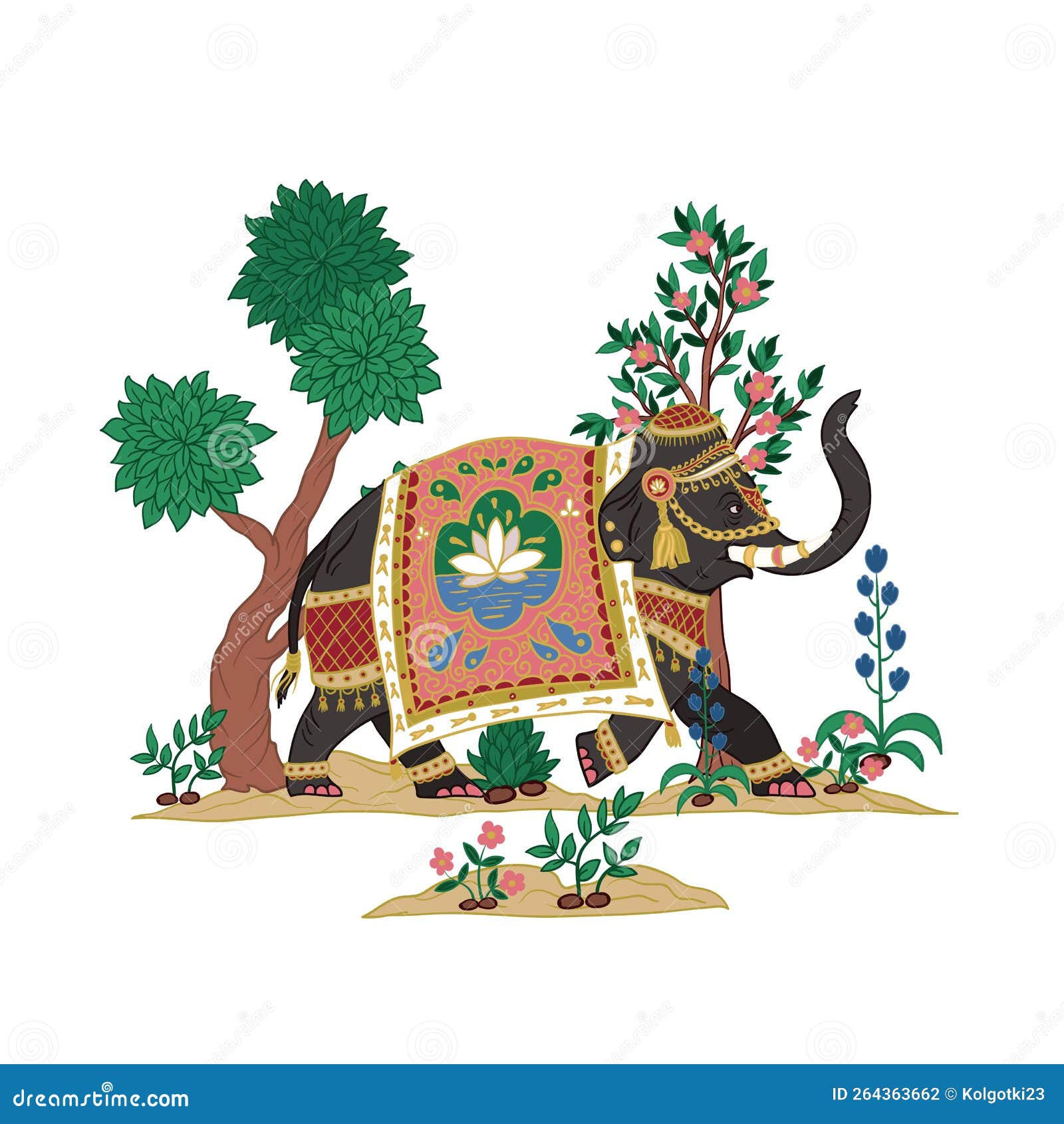Indian Elephant with Trees and Plants Isolated. Vector. Stock Vector ...