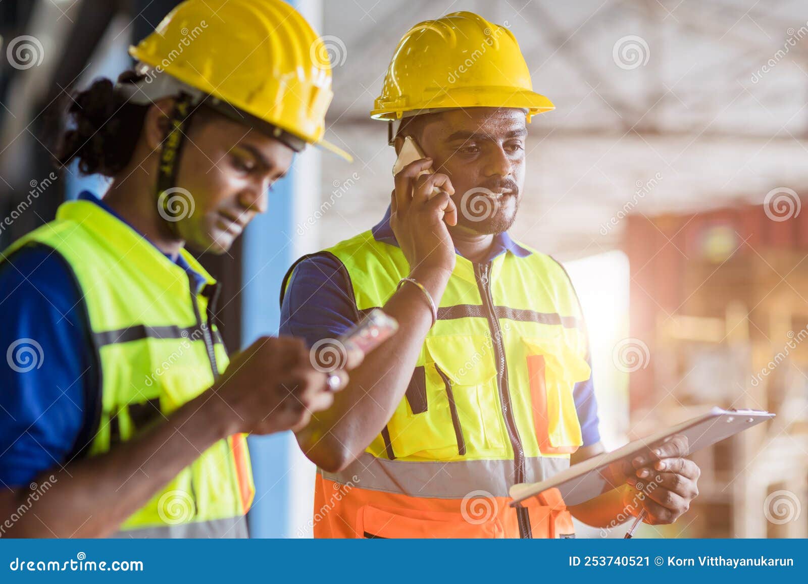Indian Engineer Worker Foreman Using Telephone Calling Communication ...