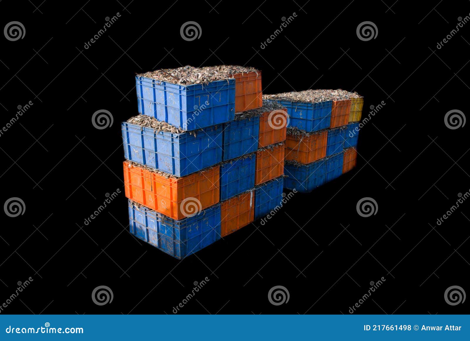 Indian Fish Export Containers Tower Isolated on Black Stock Photo ...