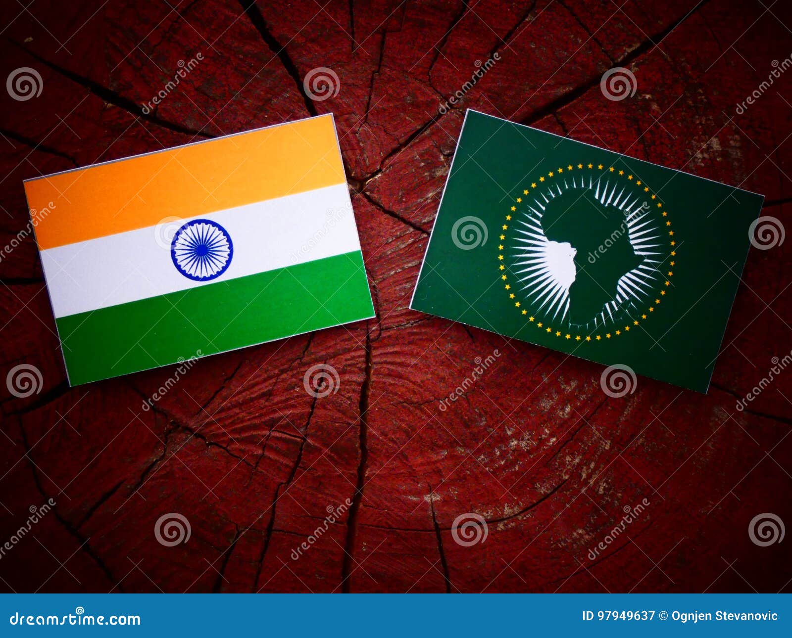 Indian Flag with African Union Flag on a Tree Stump Stock Image - Image ...