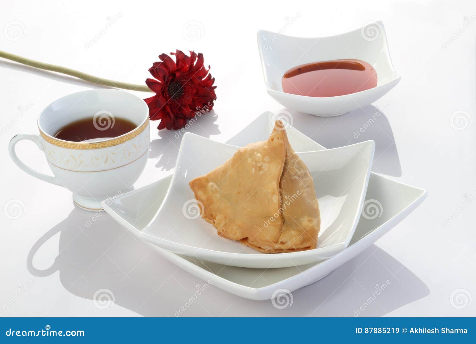 Indian Food Samosa with Tea, Chutney and Flower Stock Image - Image of ...