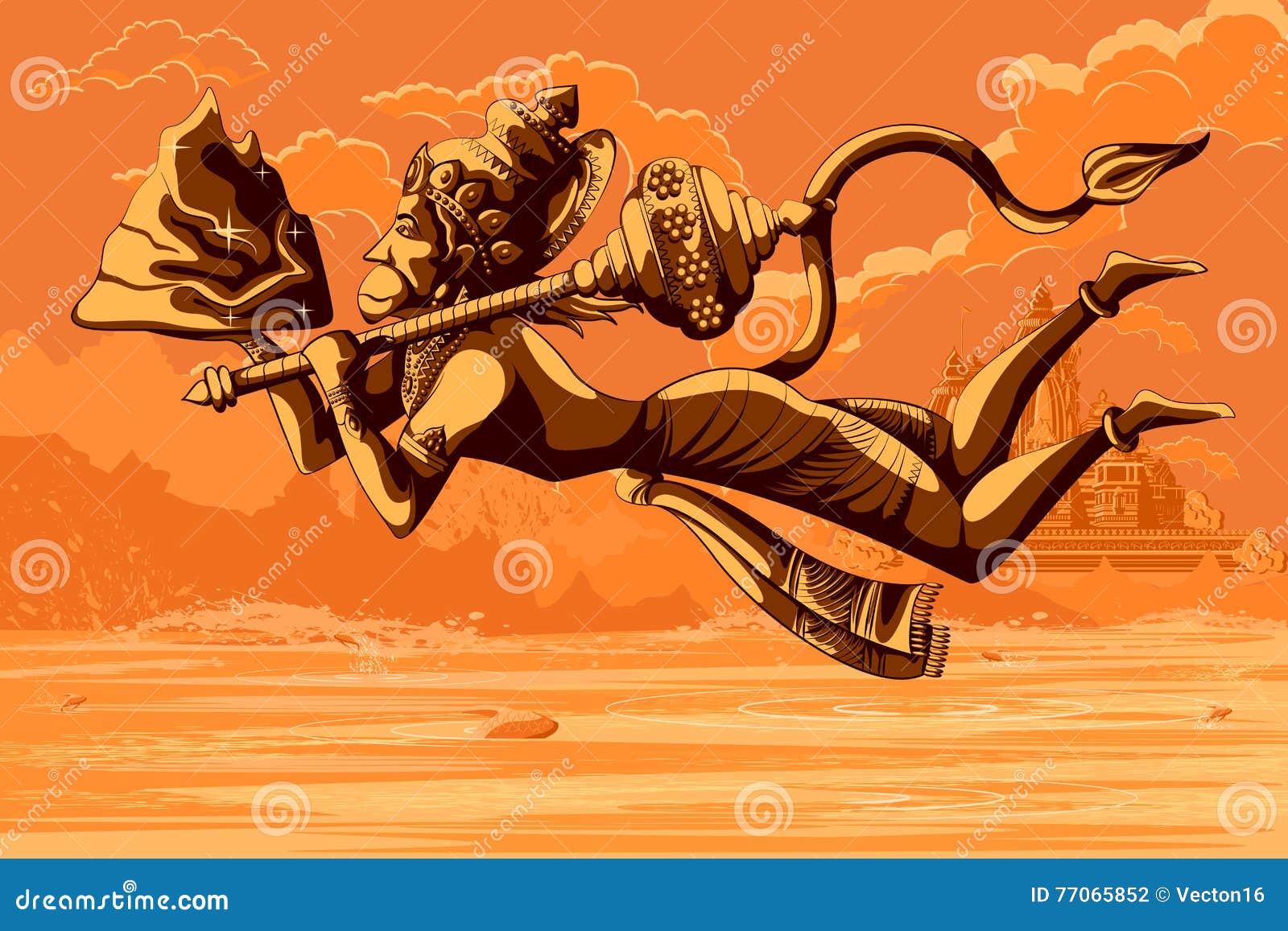 Indian God Hanuman Flying with Mountain Stock Vector - Illustration of ...