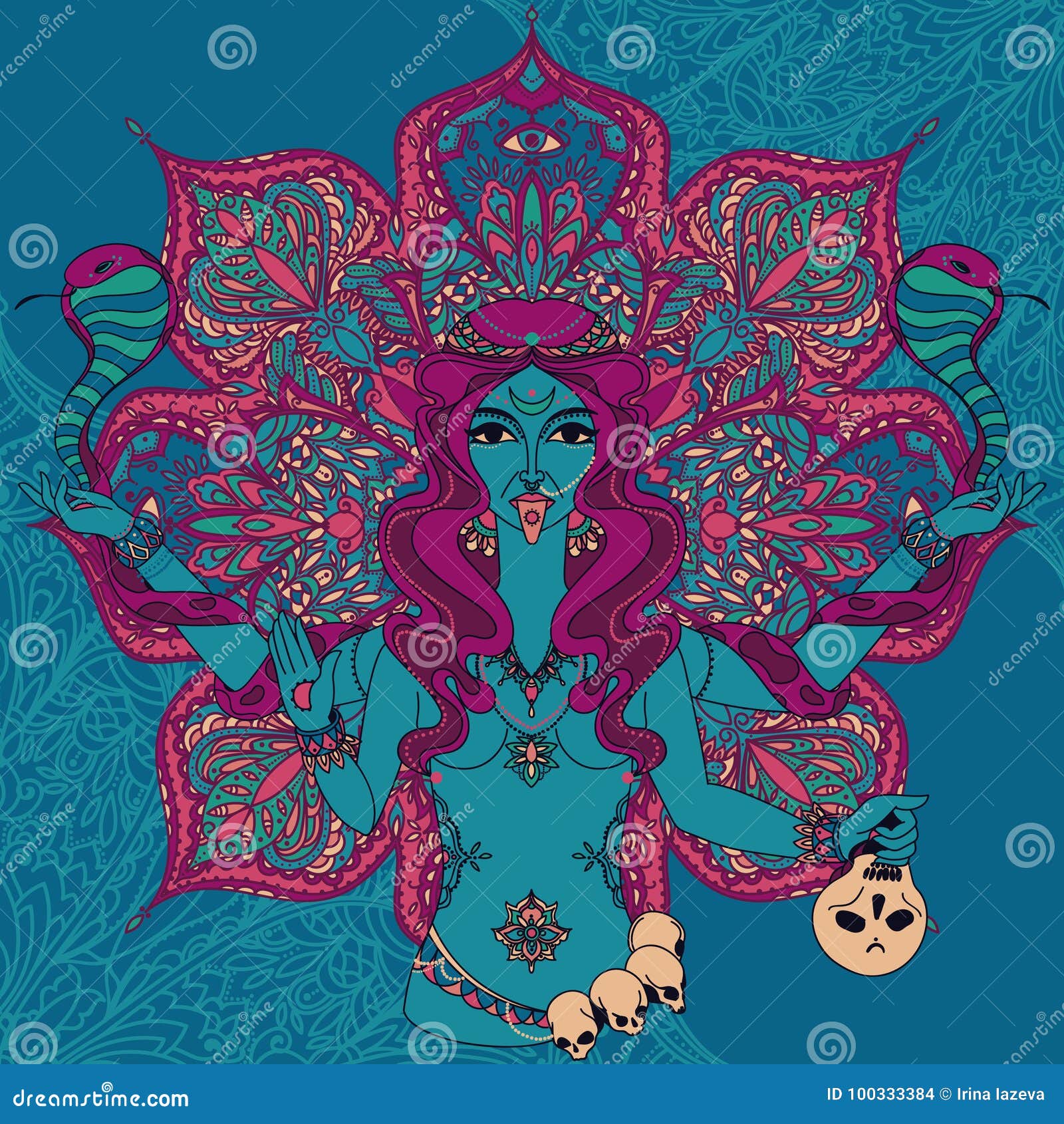 Indian Goddess Kali with Two Snakes on Traditional Mandala Round ...