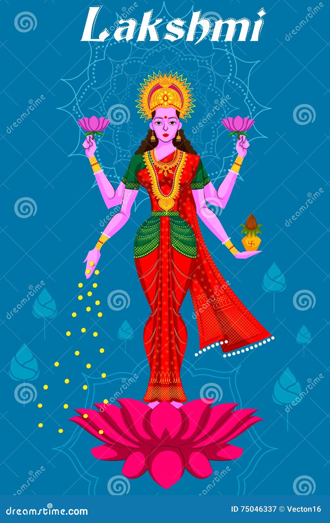 Indian Goddess Lakshmi on Lotus Stock Vector - Illustration of lotus ...
